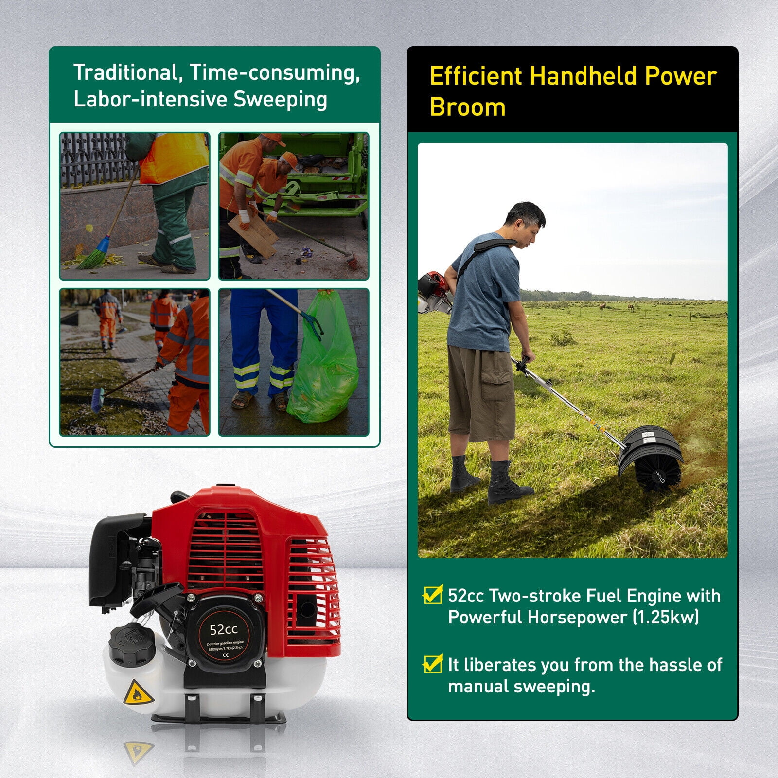 2 Stroke Petrol Powered Sweeper Brush Sweeping Broom Cleaner Air Cooled ...