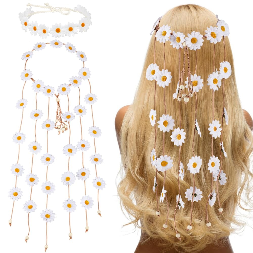 2 Styles Daisy Flower Crown Headbands Floral Boho Crown with Tassel ...