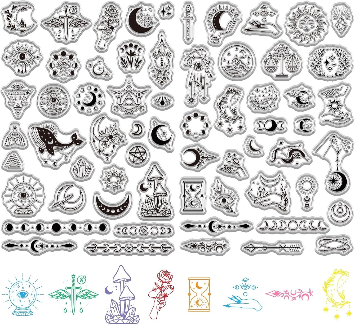 2 Styles Divination Rubber Stamps Moon Phase Transparent Stamps Gothic ...