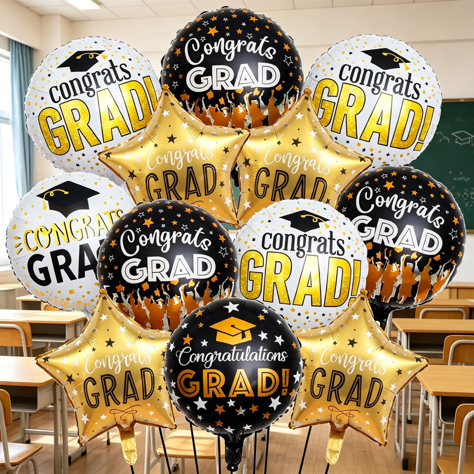 2 Styles Graduation Foil Balloons Set Black Gold Star Round Elongated ...