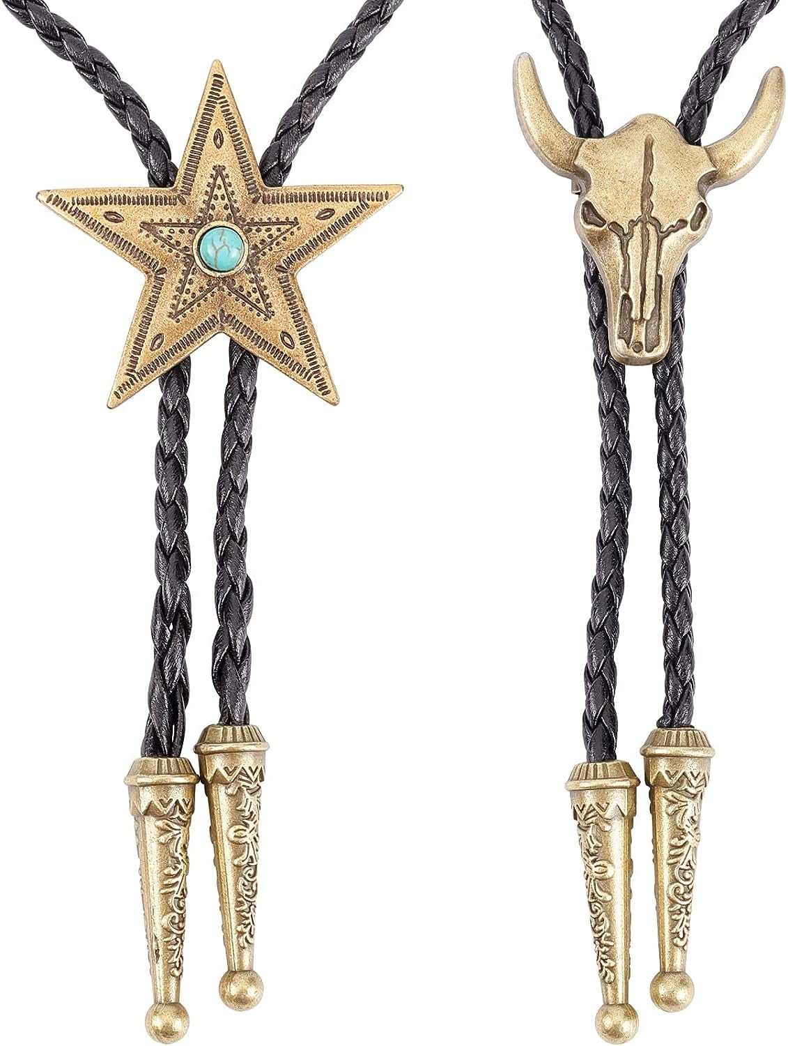 2 Styles Leather Bolo Tie Necktie Horse Cow Skull Texas Ranger Star ...