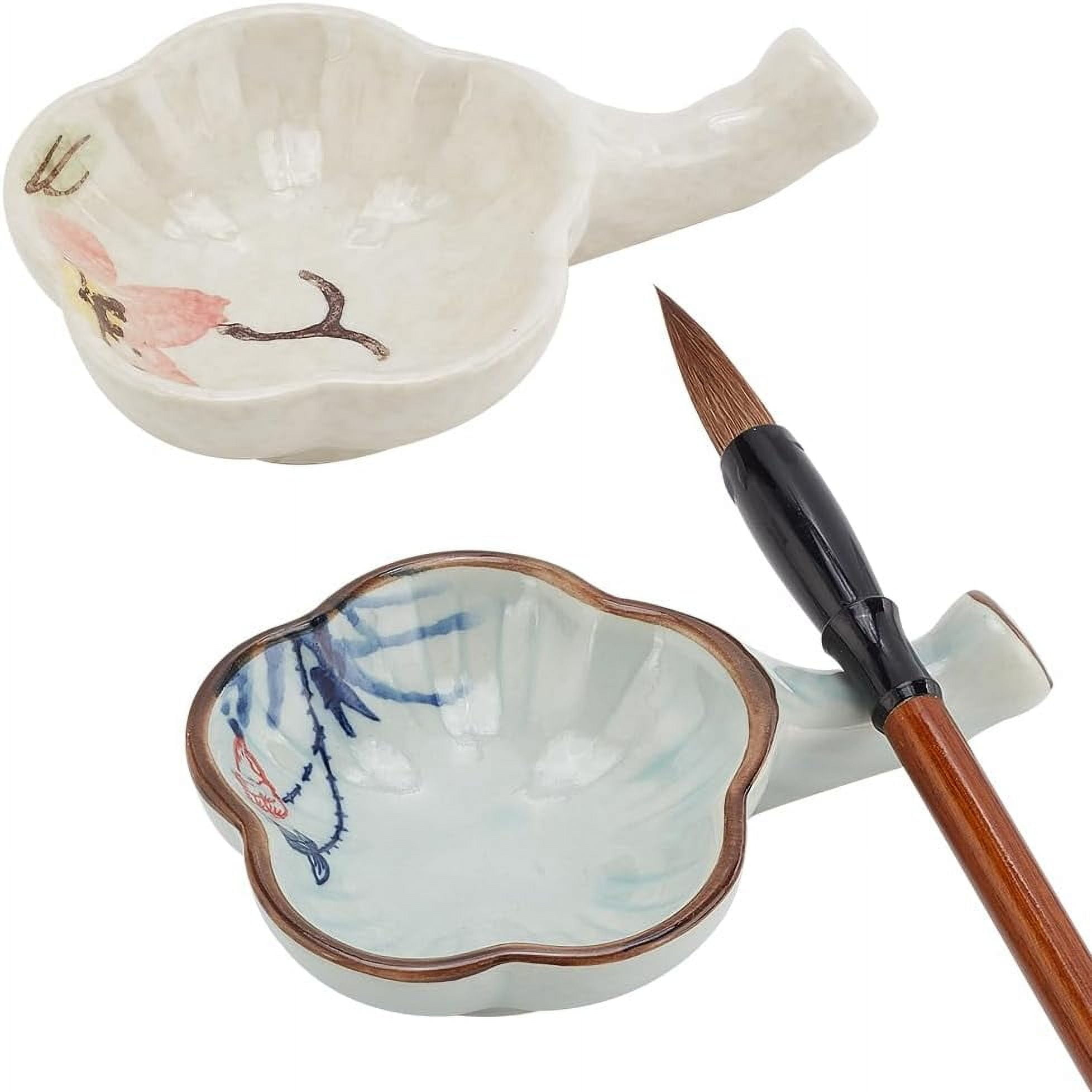 2 Styles Porcelain Ink Dish Flower Shape Ink Plates Multifunction Brush ...