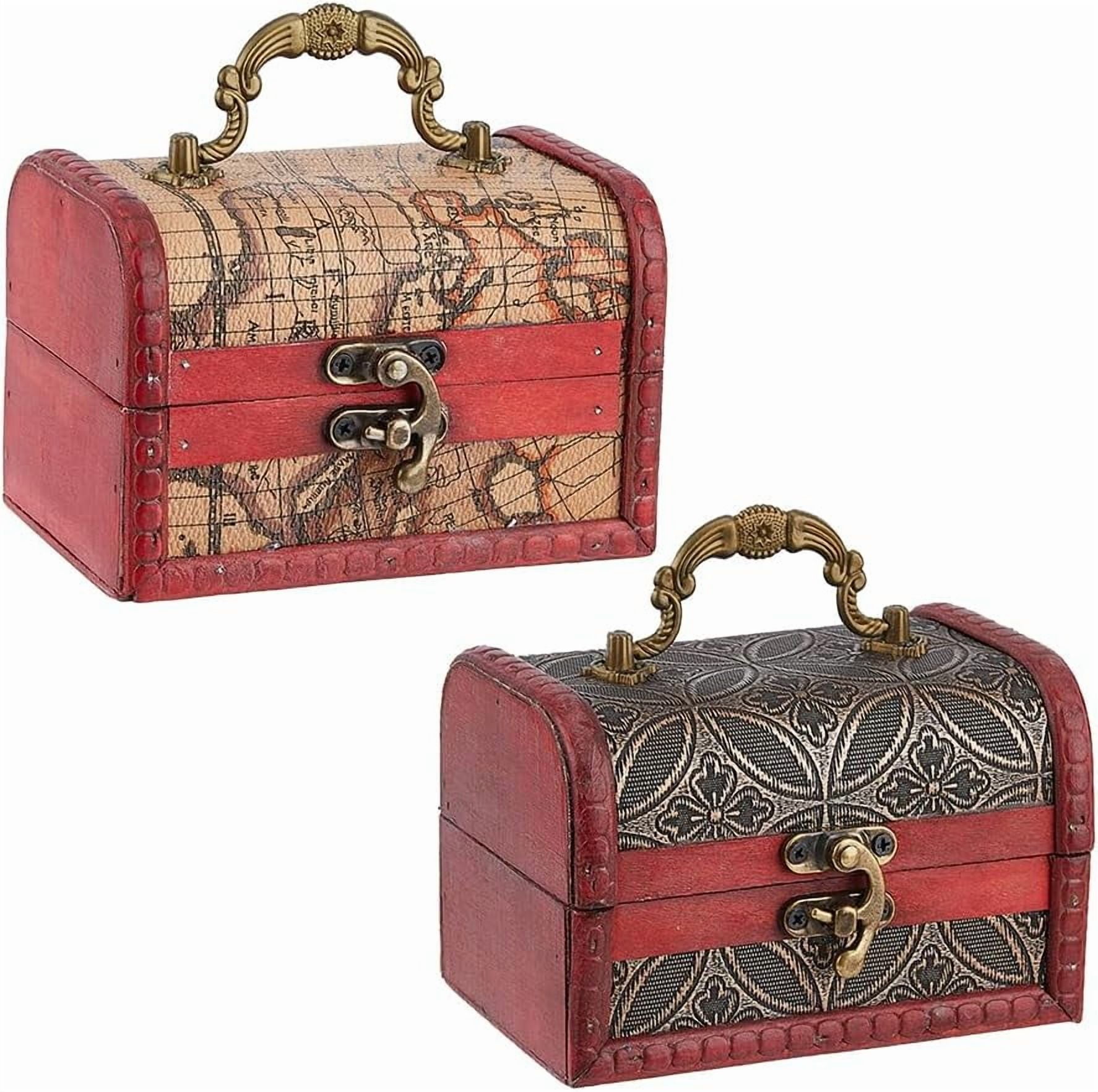 2 Styles Small Wooden Treasure Chest Box PU Leather Jewelry Box with ...