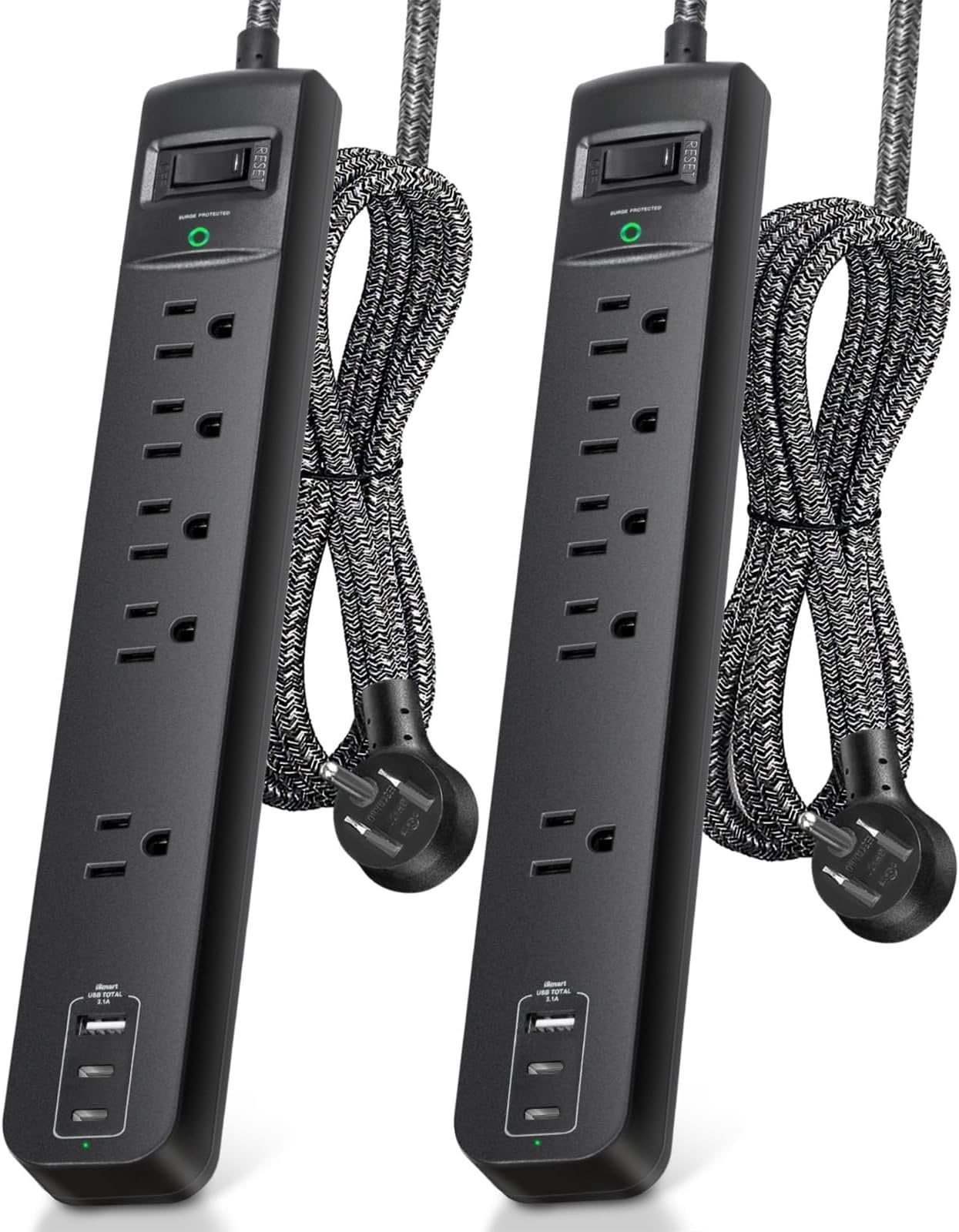 2 Surge Protector Power Strip - C Power Strip, Flat Extension Cord with ...