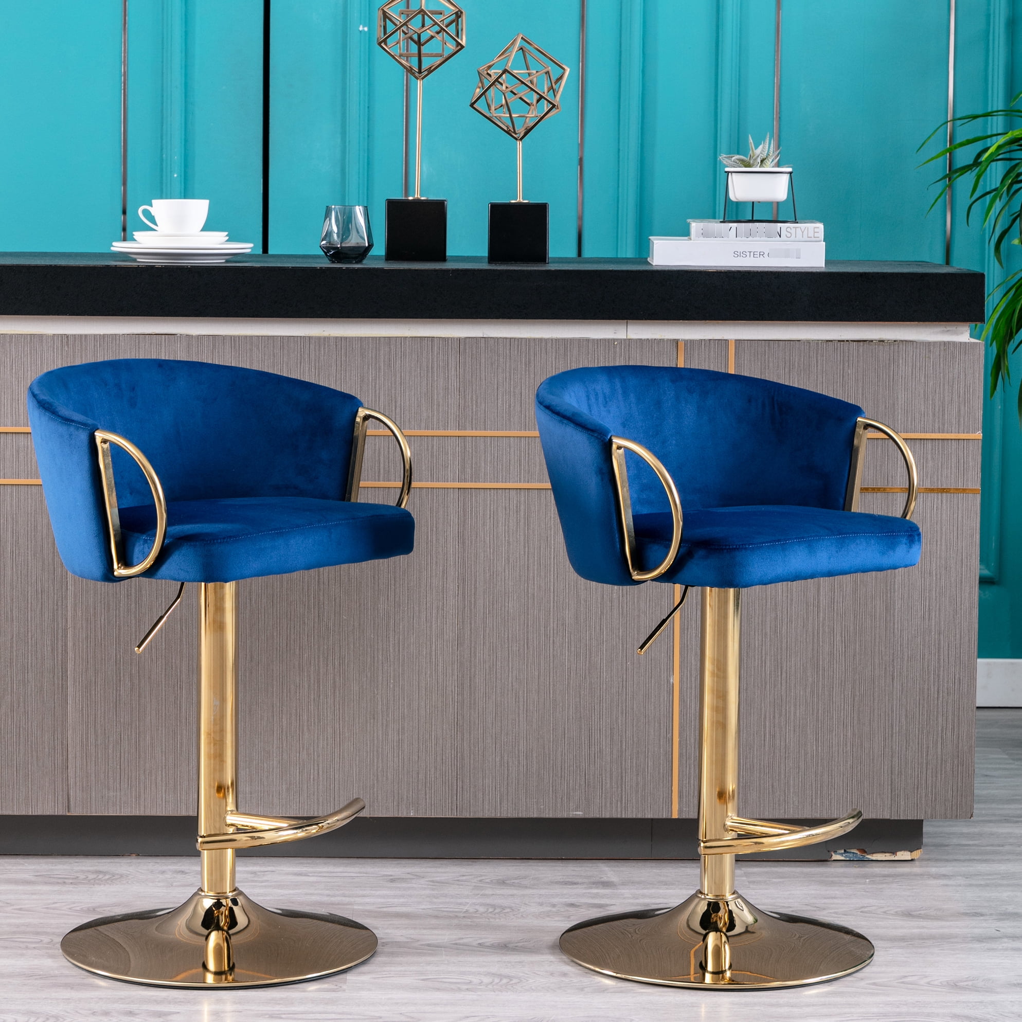 Of 2 Swivel Bar Stools, Adjustable Height, Navy Velvet, Golden Legs ...
