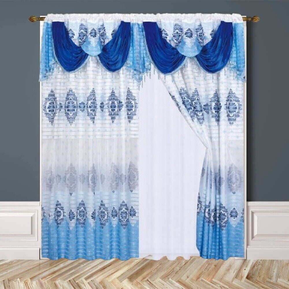 2-TONE LUXURY LINNEN WINDOW CURTAIN SET ATTACHED VALANCE AND BACK SHEER ...