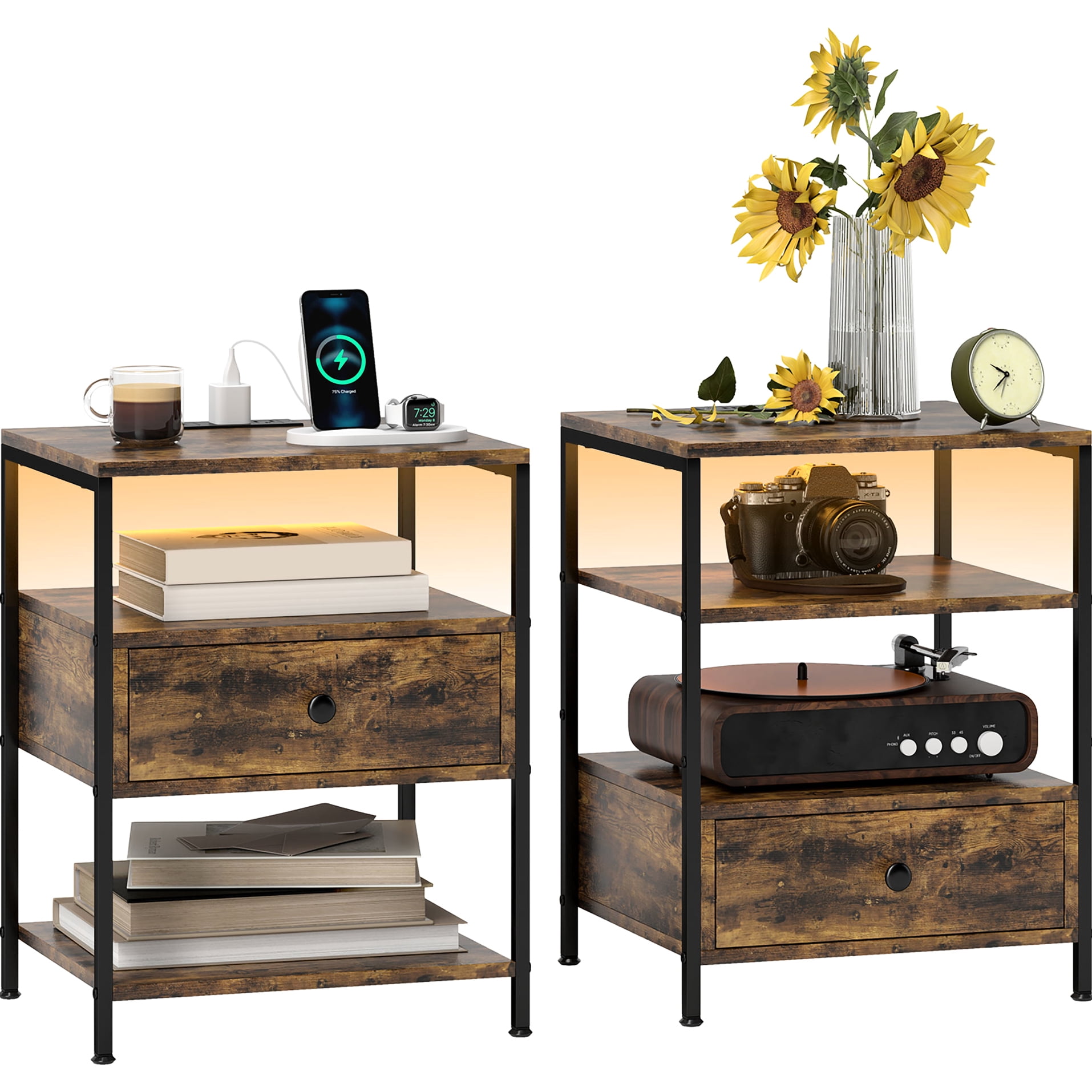 2 Tables With Charging Stations & Led Lights, Rustic Brown 3 Side Ports ...