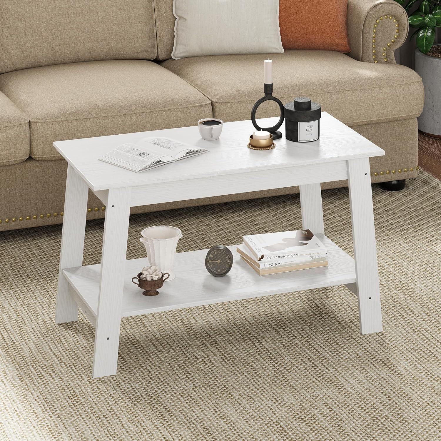 2-Tie Coffee Table, Rustic Wood Living Room Tables with Open ...