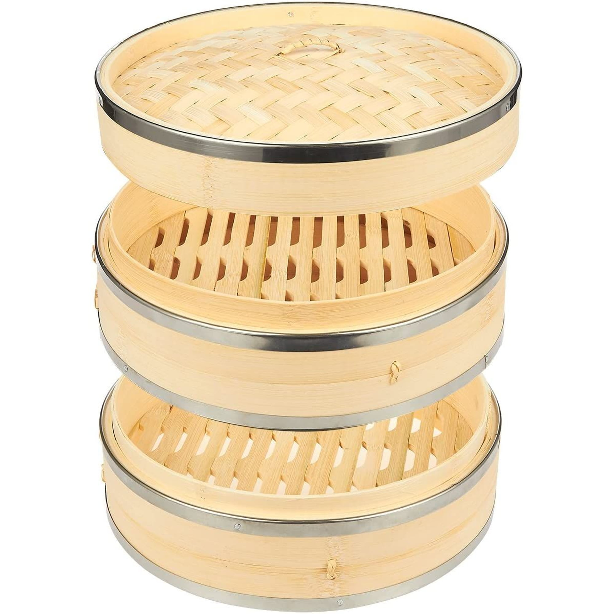 10 Inch 2-Tier Bamboo Dumpling Steaming Basket with Steel Rings, Large ...