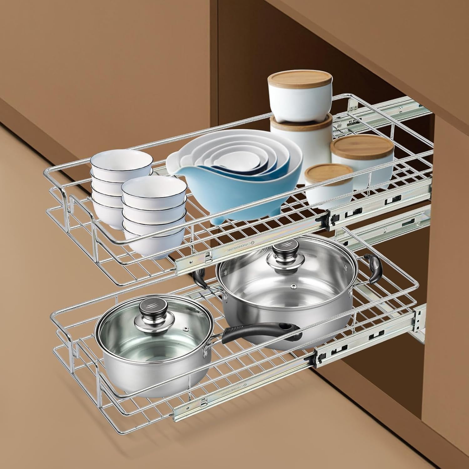 2 Tier 12"W x 22"D Pull Out Cabinet Organizer, Slide Out Pantry Shelves ...