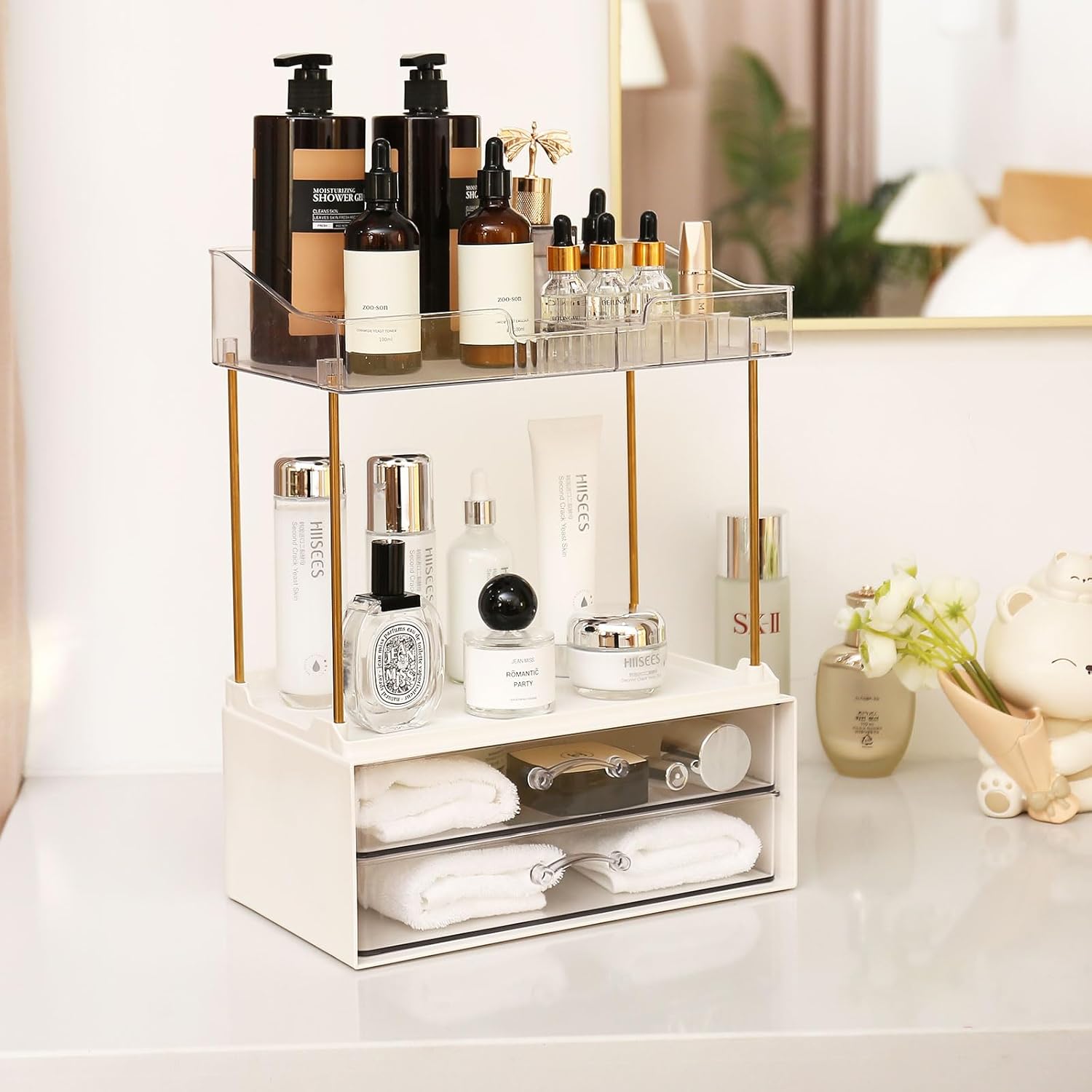 2-Tier 2-Drawer Bathroom Countertop Organizer, Multi-Purpose Makeup ...