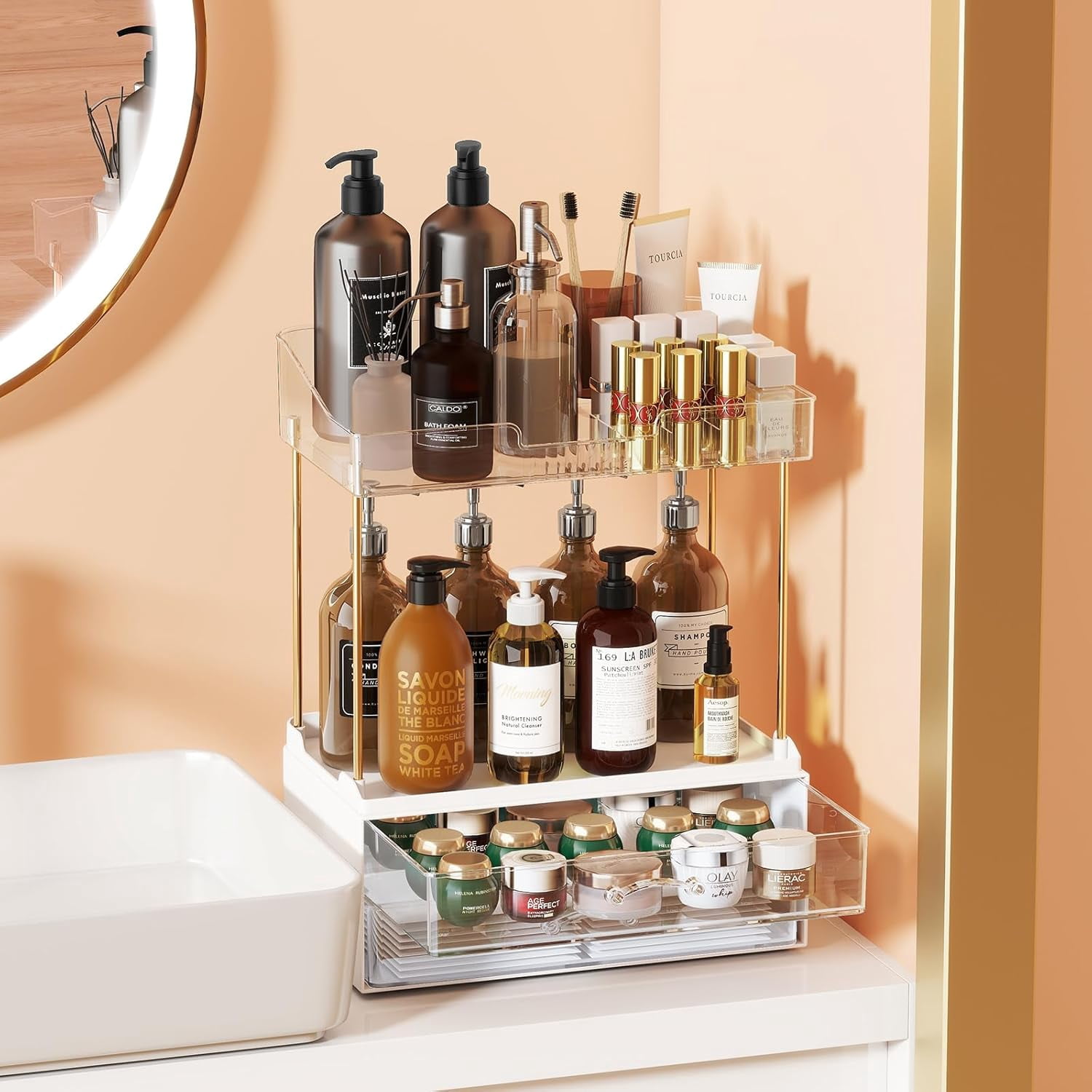 2-Tier 2-Drawer Bathroom Organizer Countertop, Multi-Purpose Makeup ...