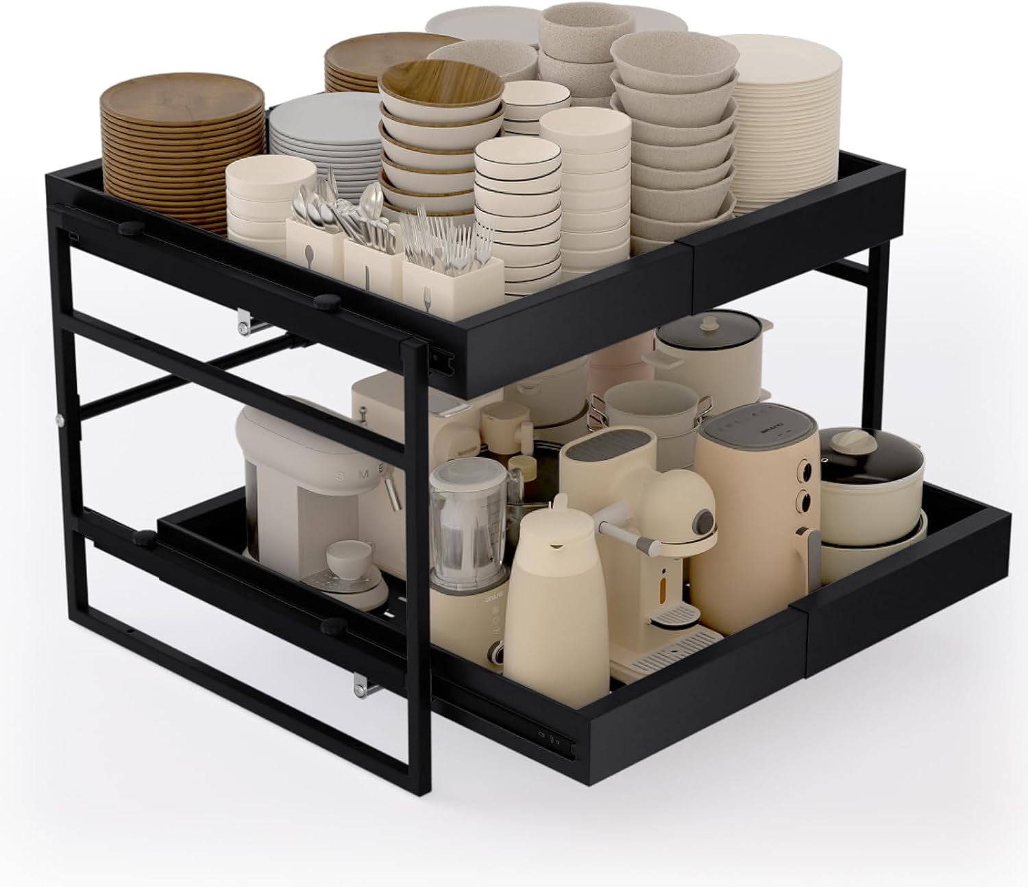 2 Tier 21'' Deep Pull Out Cabinet Organizer Expandable Width (14'' to ...