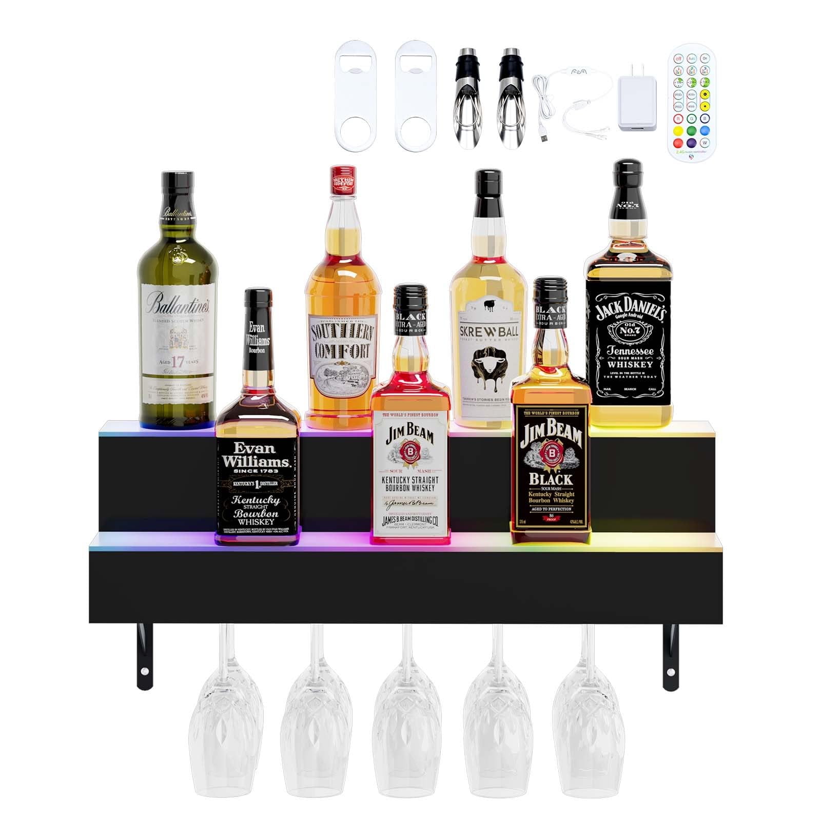 2 Tier 24 Inch LED Lighted Liquor Bottle Display Shelf - Wall-Mounted ...