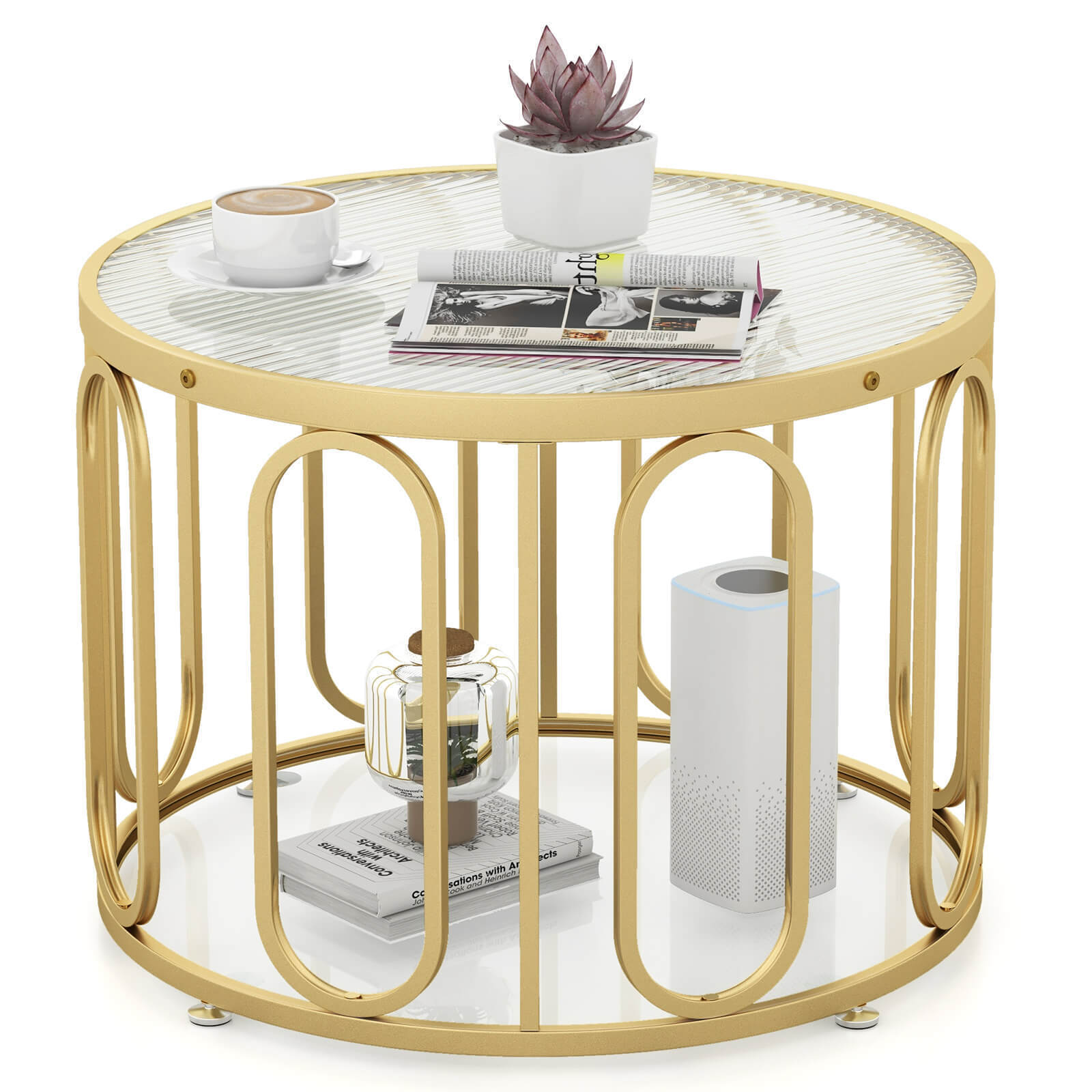 2-Tier 24" Round Coffee Table w/Reeded Tempered Glass Top & Oval Swivel ...