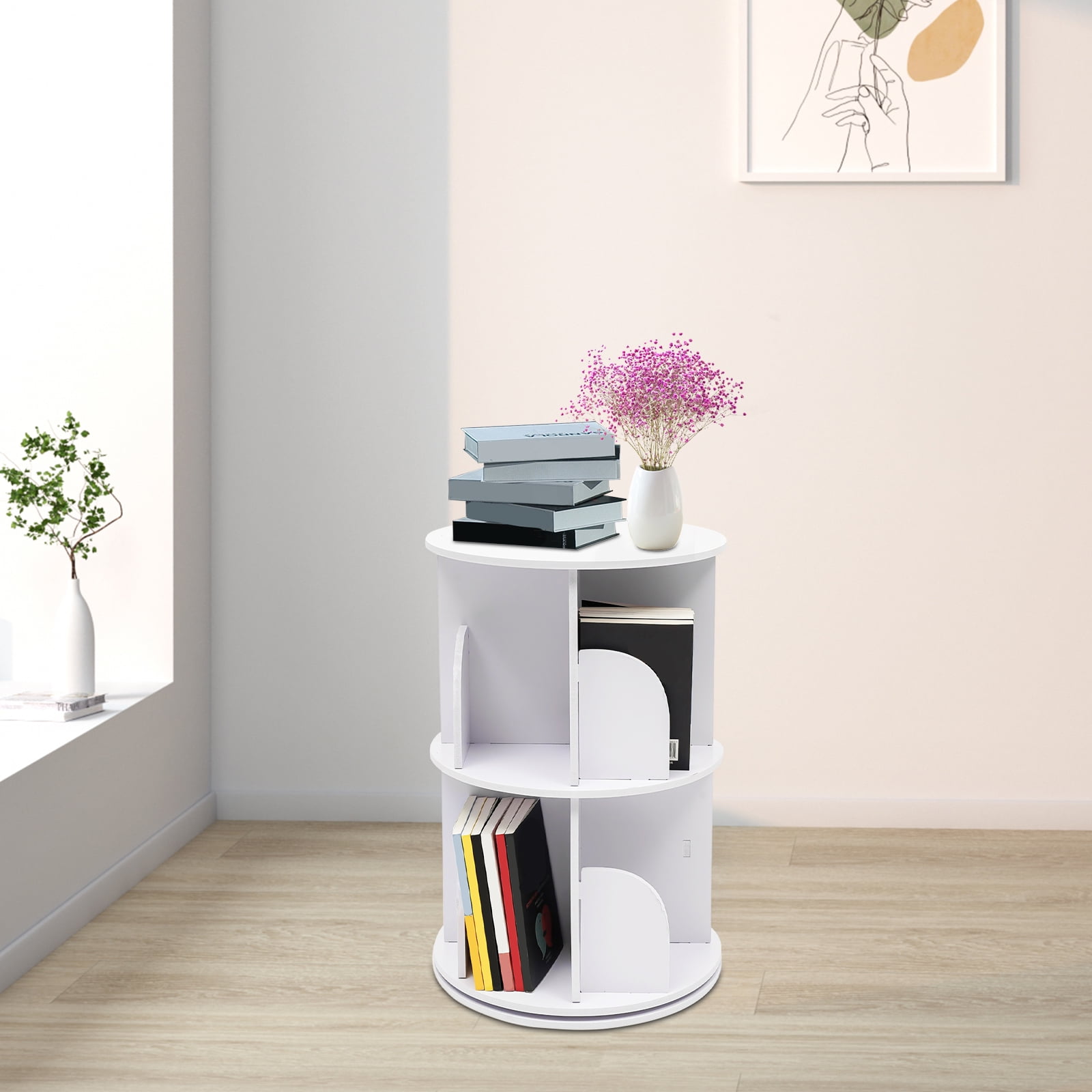 2-Tier 40*59.5cm Rotating Bookshelf Solid Wood Revolving Floor Display ...