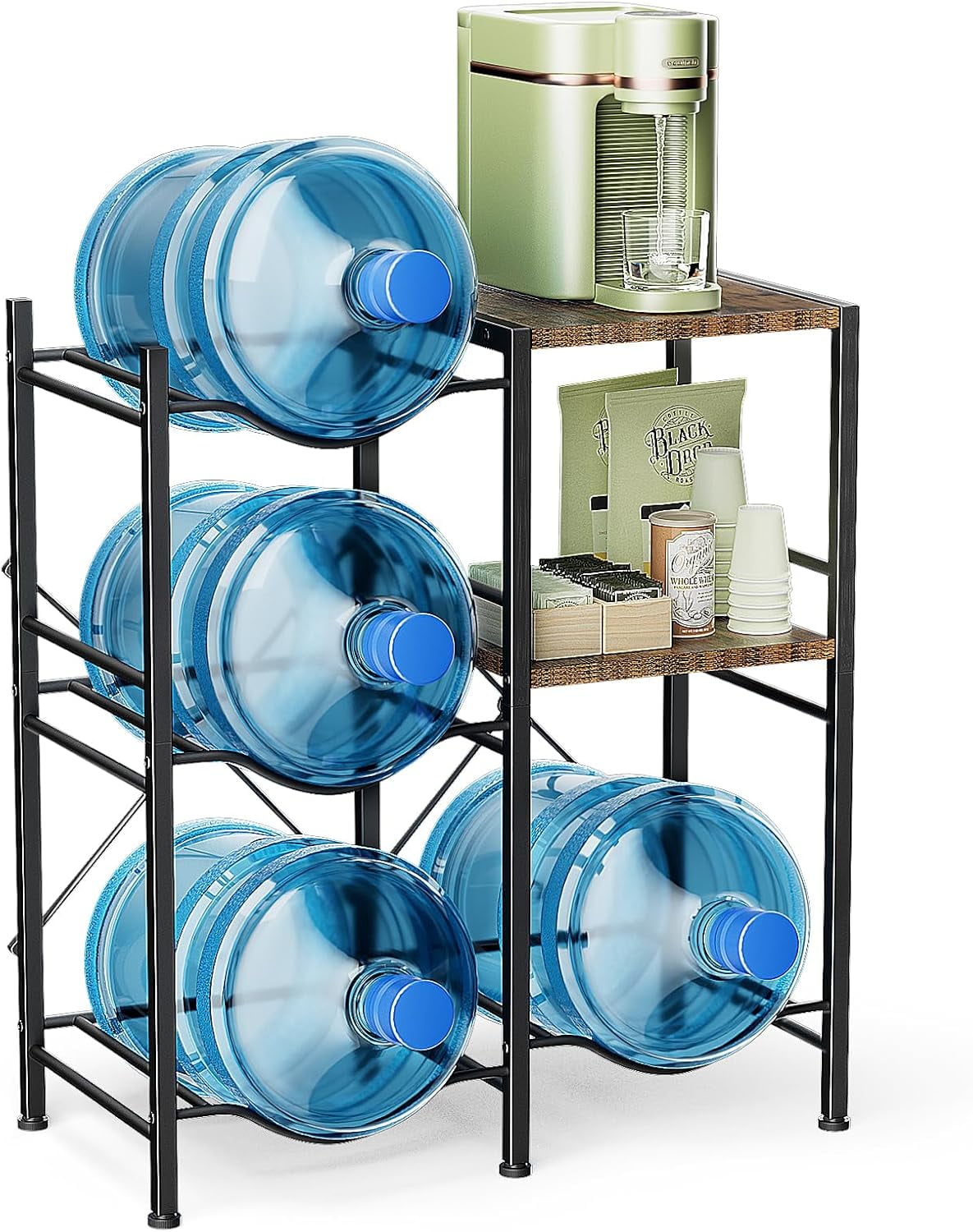 2-Tier 5 Gallon Water Jug Holder with 2 Layers Wood Storage Shelves and ...