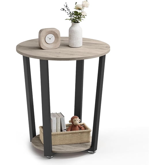 2-Tier Accent Bedside Table with Storage Shelf, Round Side End Table ...