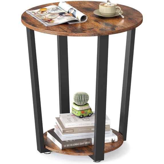 2-Tier Accent Bedside Table with Storage Shelf, Round Side End Table ...