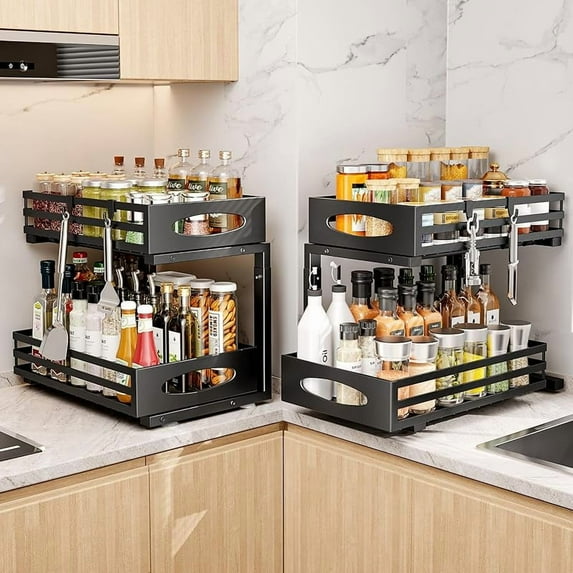 2-Tier Adjustable Height Slide-Out Metal Under Sink Organizer – Pull ...