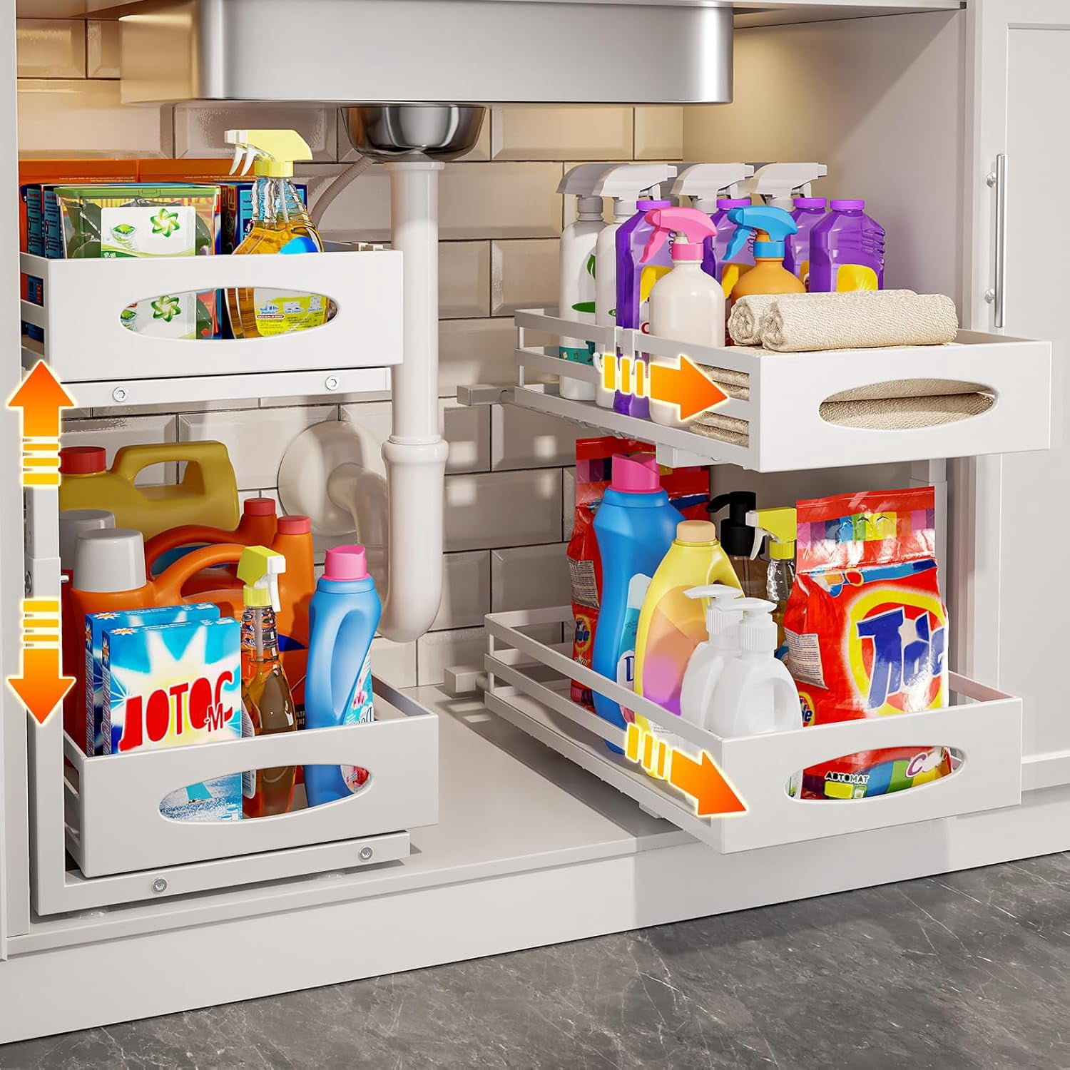 2 Tier Adjustable Height Under Sink Organizer with Slide Out Metal ...