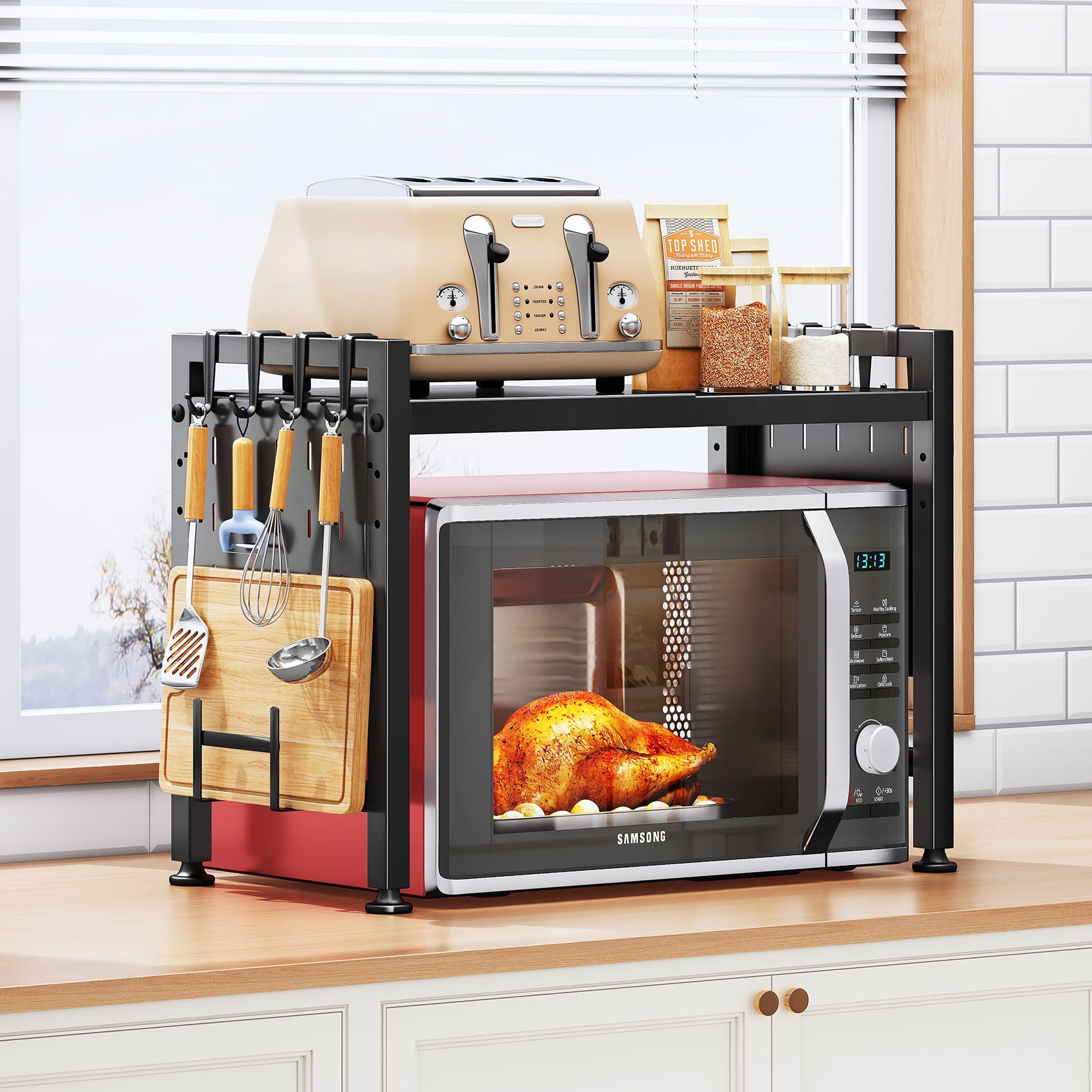 2-Tier Expandable Microwave Shelf, Adjustable Carbon Steel Microwave ...