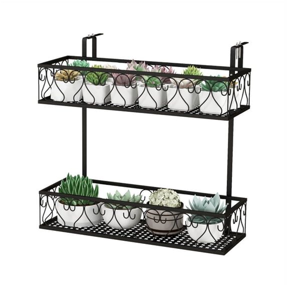 2-Tier Adjustable Railing Plant Stand with Hooks Black Metal Hanging ...