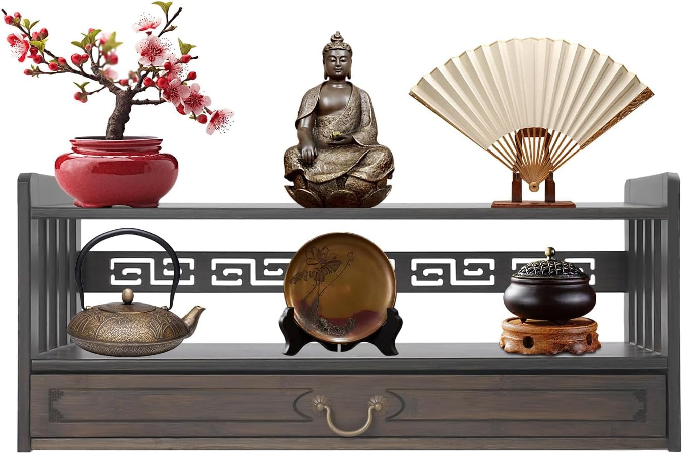 2-Tier Altar Table with Drawer, Bamboo Puja Table Meditation Storage ...