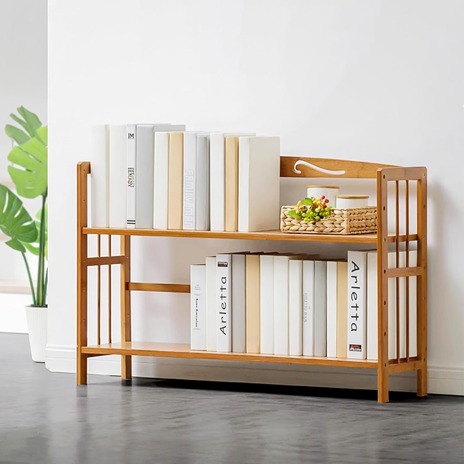 2-Tier Bamboo Book Shelf, Free Standing Small Open Storage Rack ...