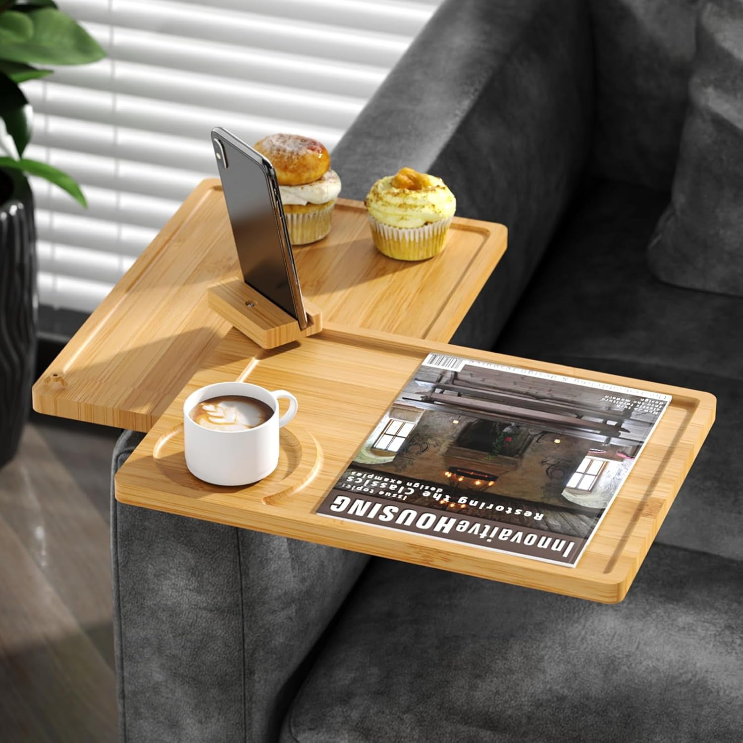 2 Tier Bamboo Couch Armrest Table Tray Rotatable, Adjustable Sofa Arm ...