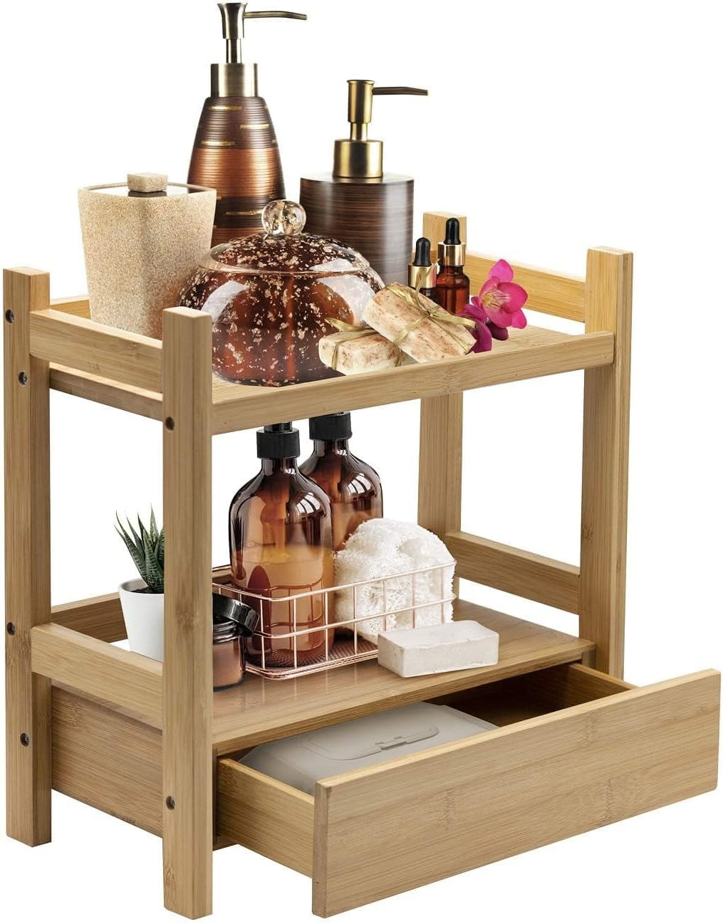 2-Tier Bamboo Countertop Shelf with Hidden Drawer - Makeup Organizer ...