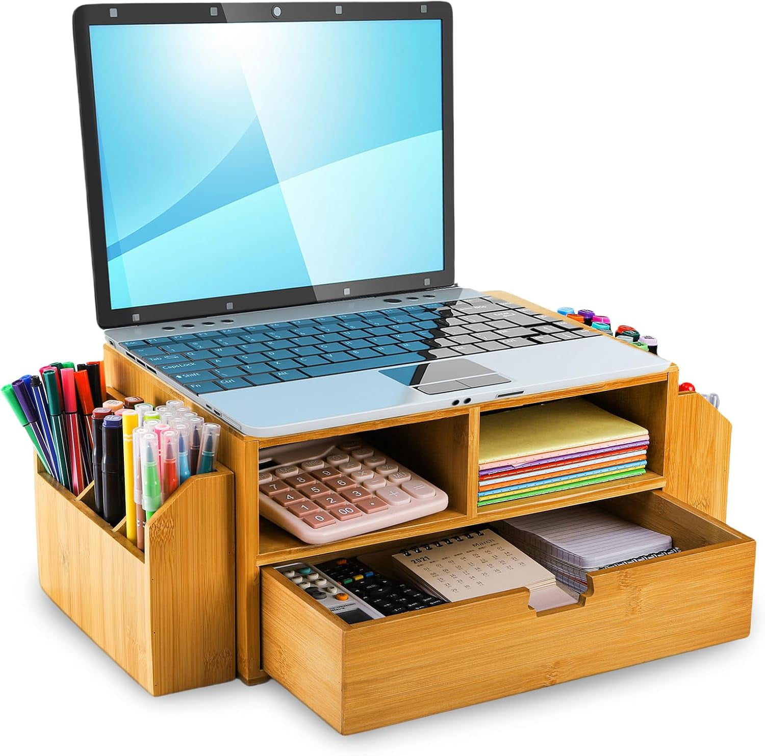 2 Tier Bamboo Desktop Organizer, Desk Monitor Stand Riser with 1 Drawer ...