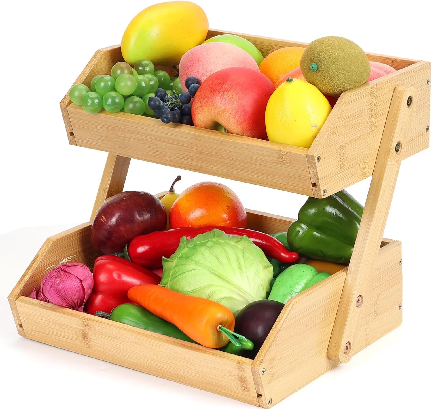 2 Tier Bamboo Fruit Basket, Large Bamboo Fruit Bowl Holder Stand for ...