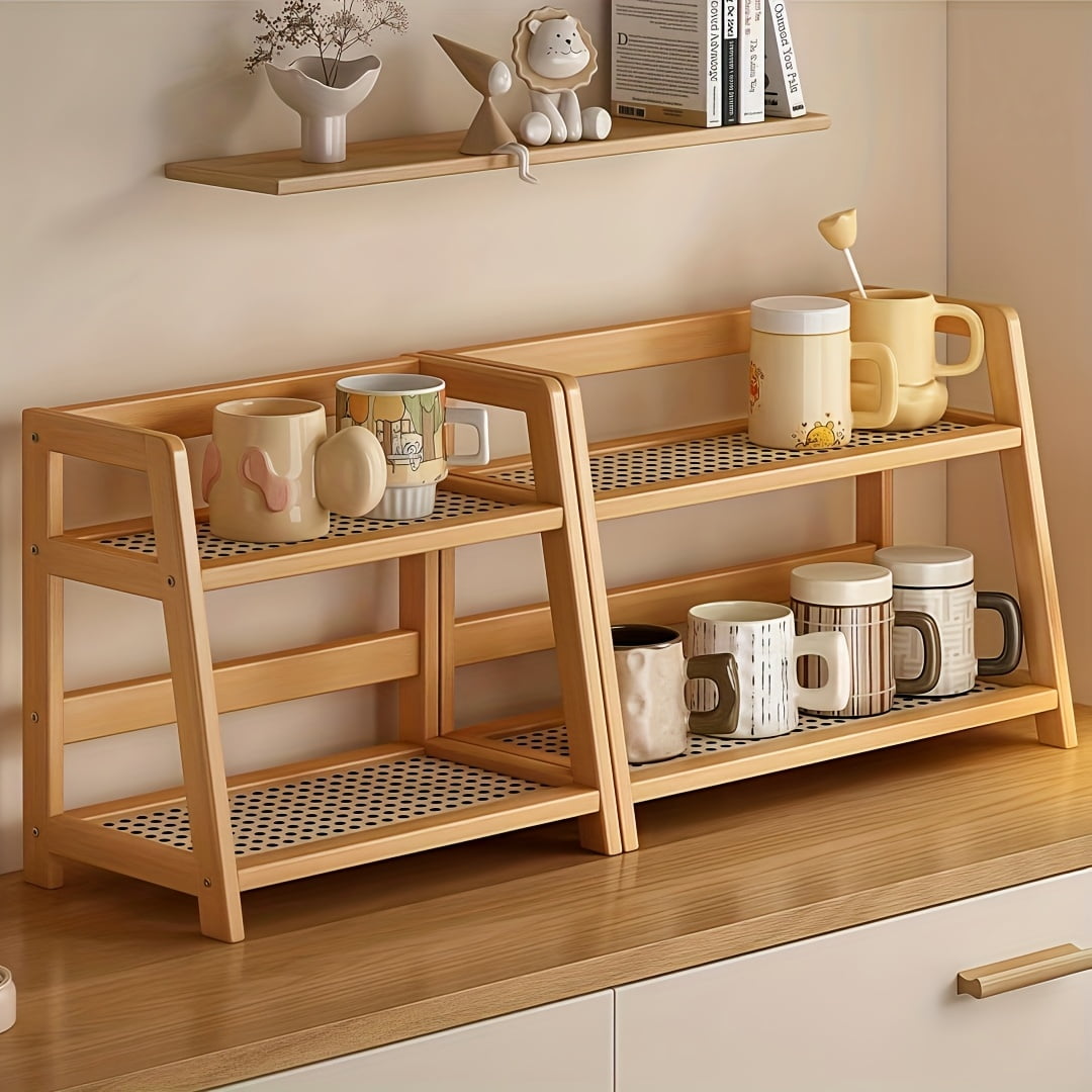 2-Tier Bamboo Shelf Organizer - Bohemian Style Storage Rack for Kitchen ...