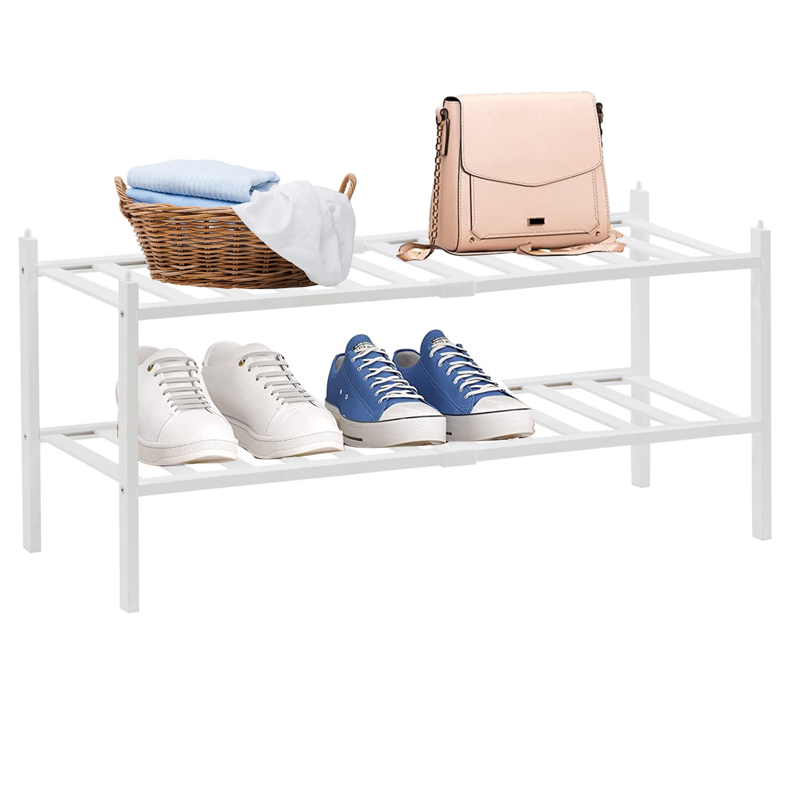 WOOW DEPOT 2-Tier Stackable Bamboo Shoe Rack, Small Wooden Shelves Unit ...
