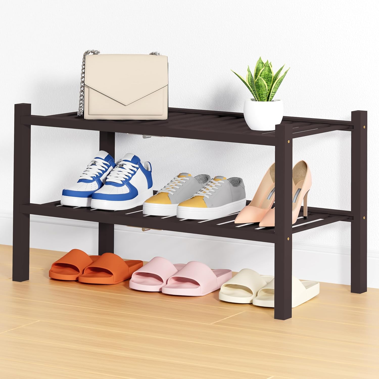 2-Tier Bamboo Shoe Rack, Stackable Wooden Organizer for Closet Entryway ...