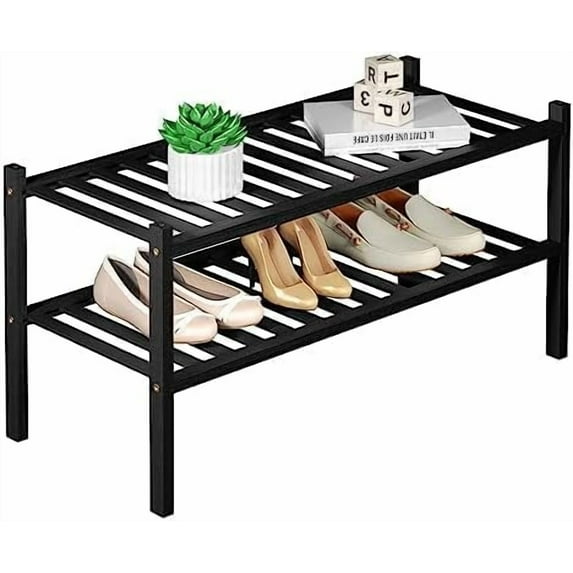 2 Tier Bamboo Shoe Rack for Closet Free Standing Wood Shoe Shelf for ...