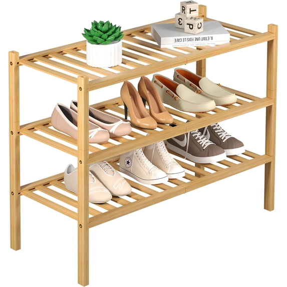 2 Tier Bamboo Shoe Rack for Closet Free Standing Wood Shoe Shelf for ...