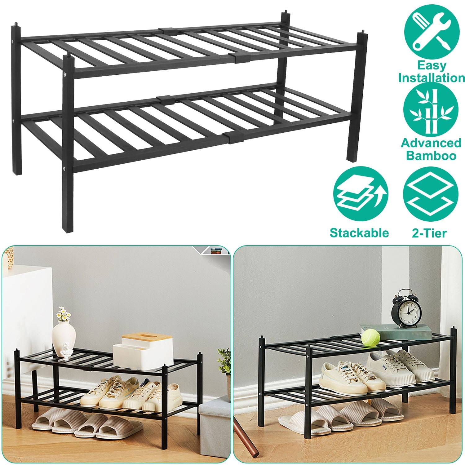 2-Tier Bamboo Shoe Rack Moclever Stackable Free Standing Shoe Rack ...