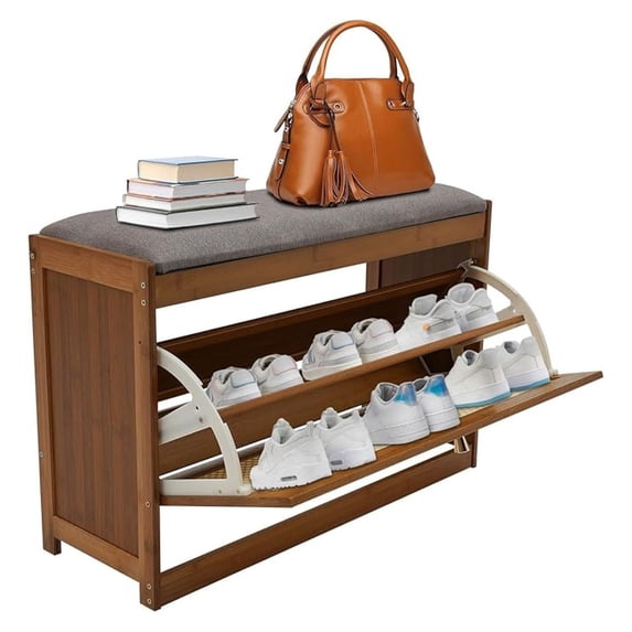 2-Tier Bamboo Shoe Shoe Rack Stool with Cushion and Door Shoe Organizer ...
