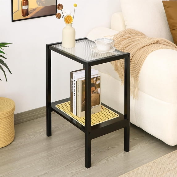 2-Tier Bamboo Side Table, Modern Glasstop Rattan Side Table, Mid ...