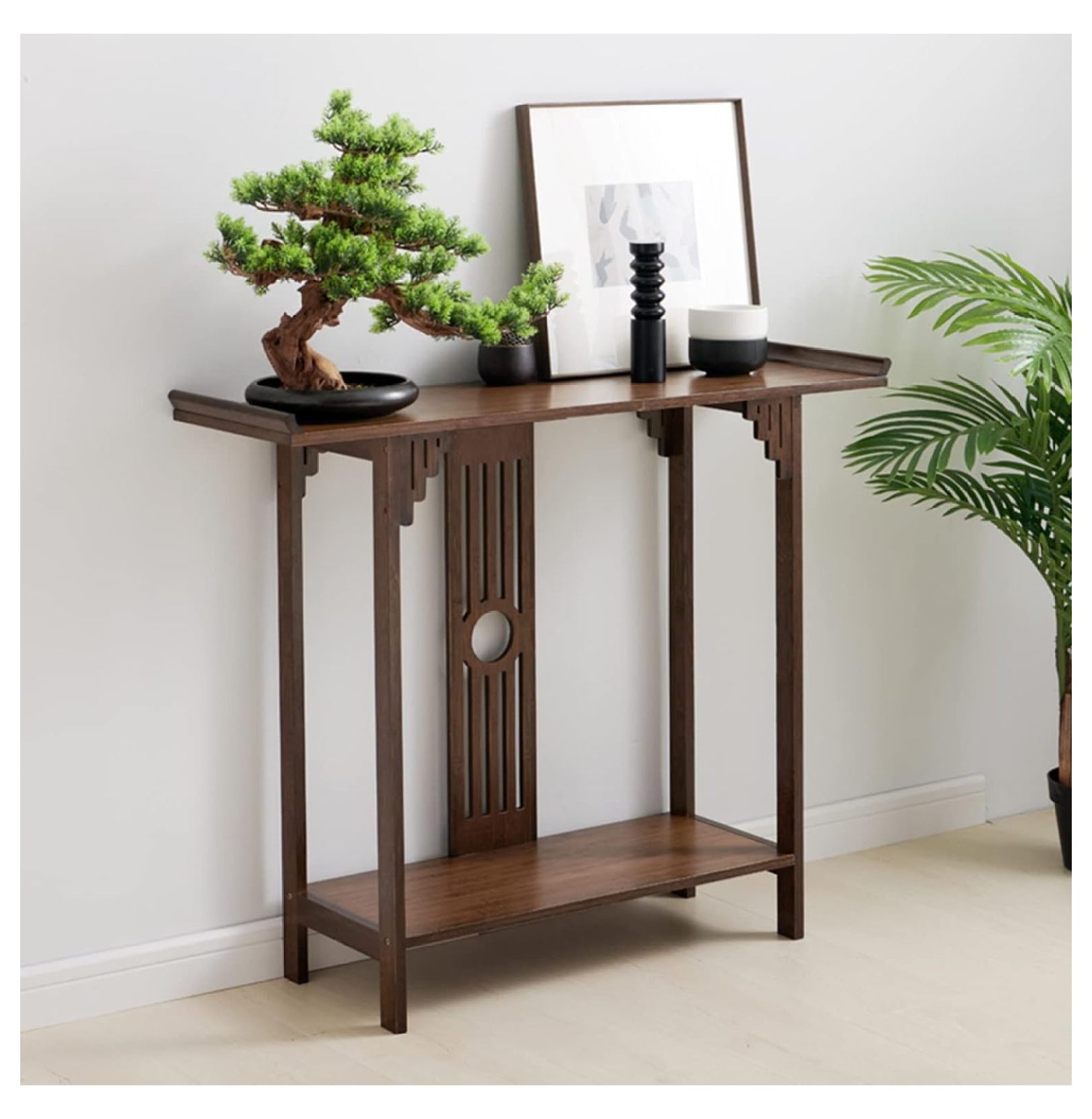 2-Tier Bamboo Sofa Console Table, 40 Inch Vintage Chinese Country Entry ...