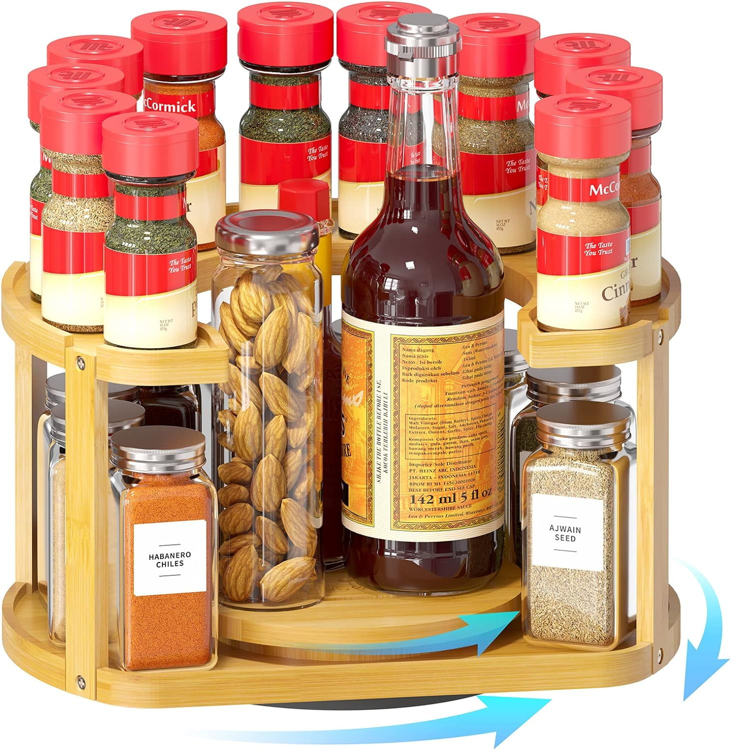 2 Tier Bamboo Spice Rack Organizer, Lazy Susan Turntable for Cabinet ...