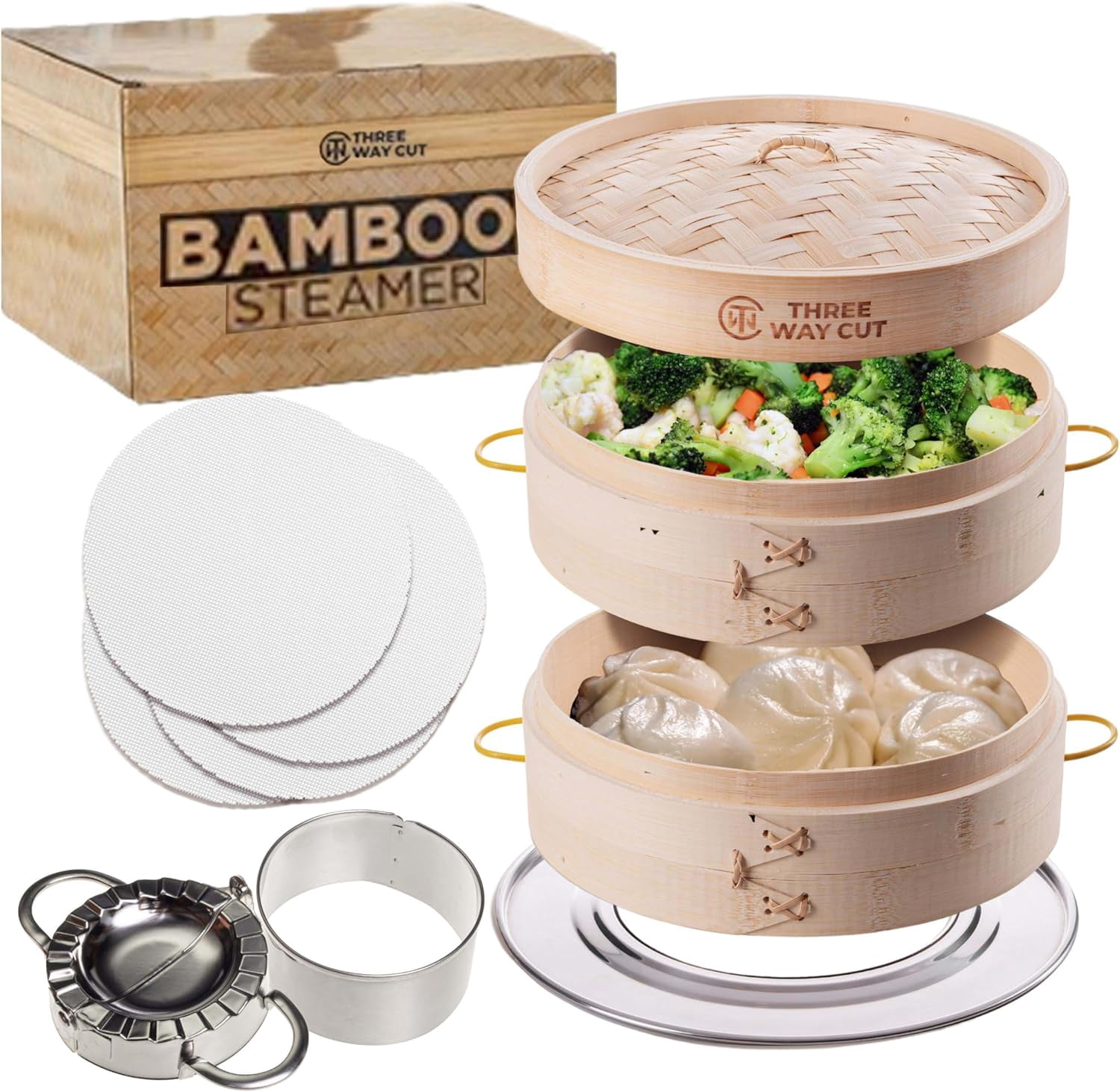 2 Tier Bamboo Steamer- 10" Baskets With Handle, Silicone Liner, Adapter ...