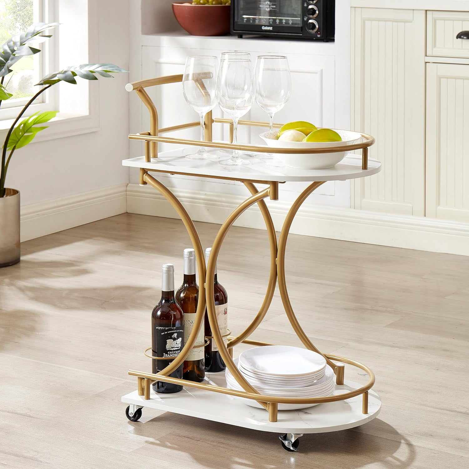 2-Tier Bar Cart with Wheels, Gold Rolling Home Bar Serving Cart with ...