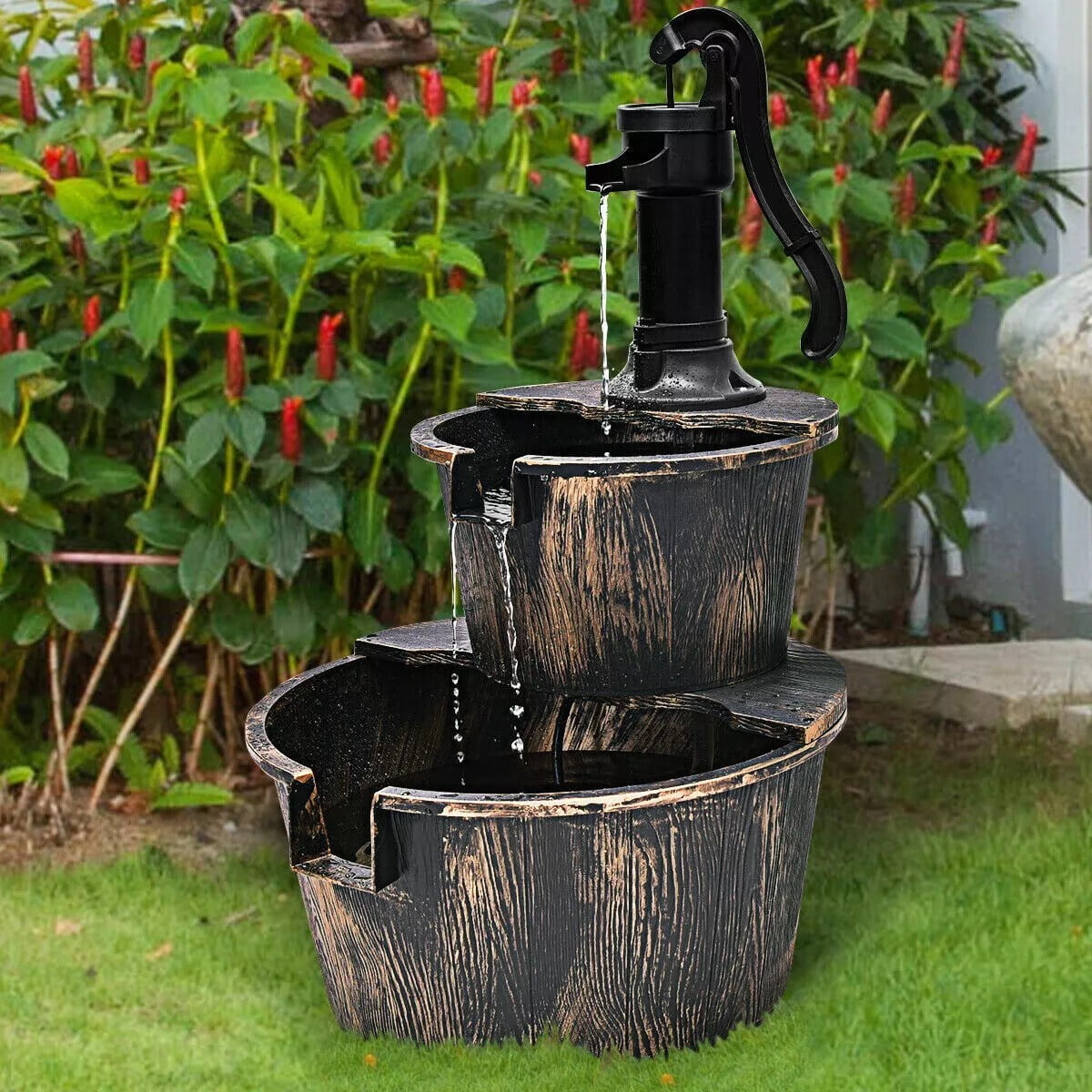 2 Tier Barrel Waterfall Fountain Barrel Water Fountain Pump Outdoor ...