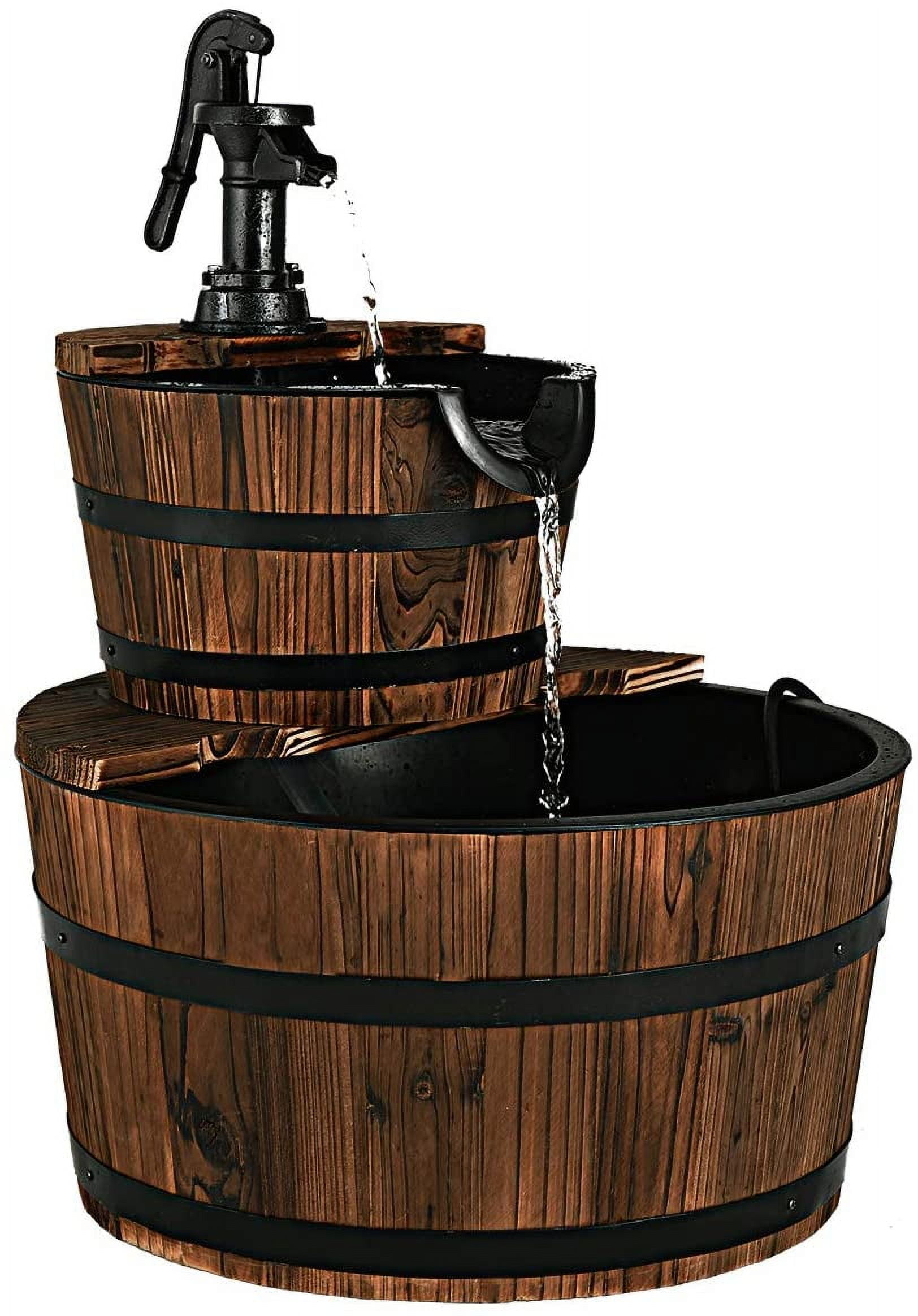 2-Tier Barrel Waterfall Fountain, Rustic Wood Barrel Cascading with ...
