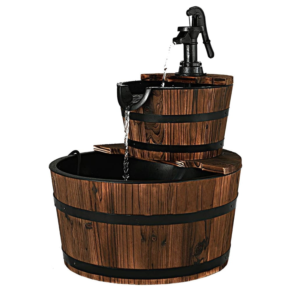 2-Tier Barrel Waterfall Fountain with Wood Barrel Cascading, Outside ...