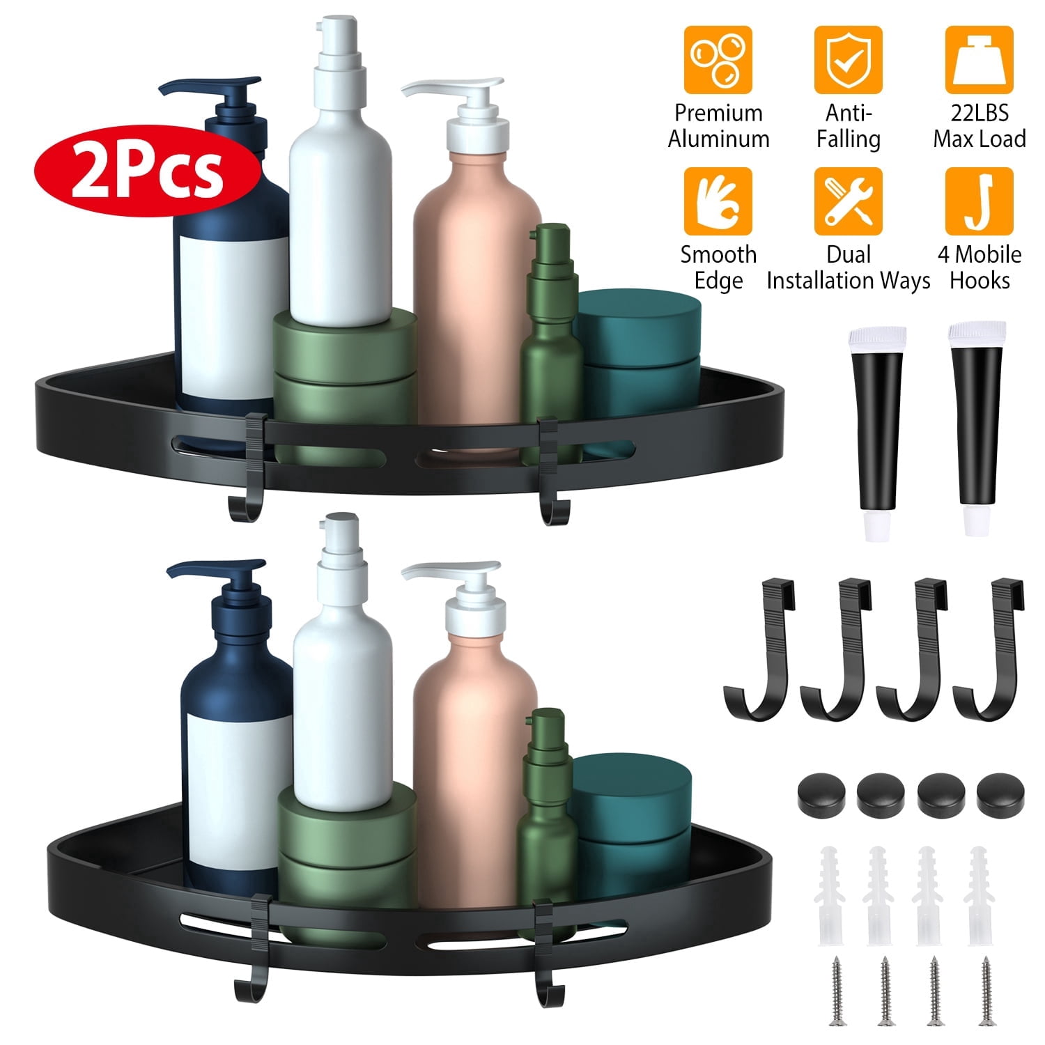 2-Tier Bath Corner Shower Caddy Adhesive Aluminum Shelf - No Drilling ...