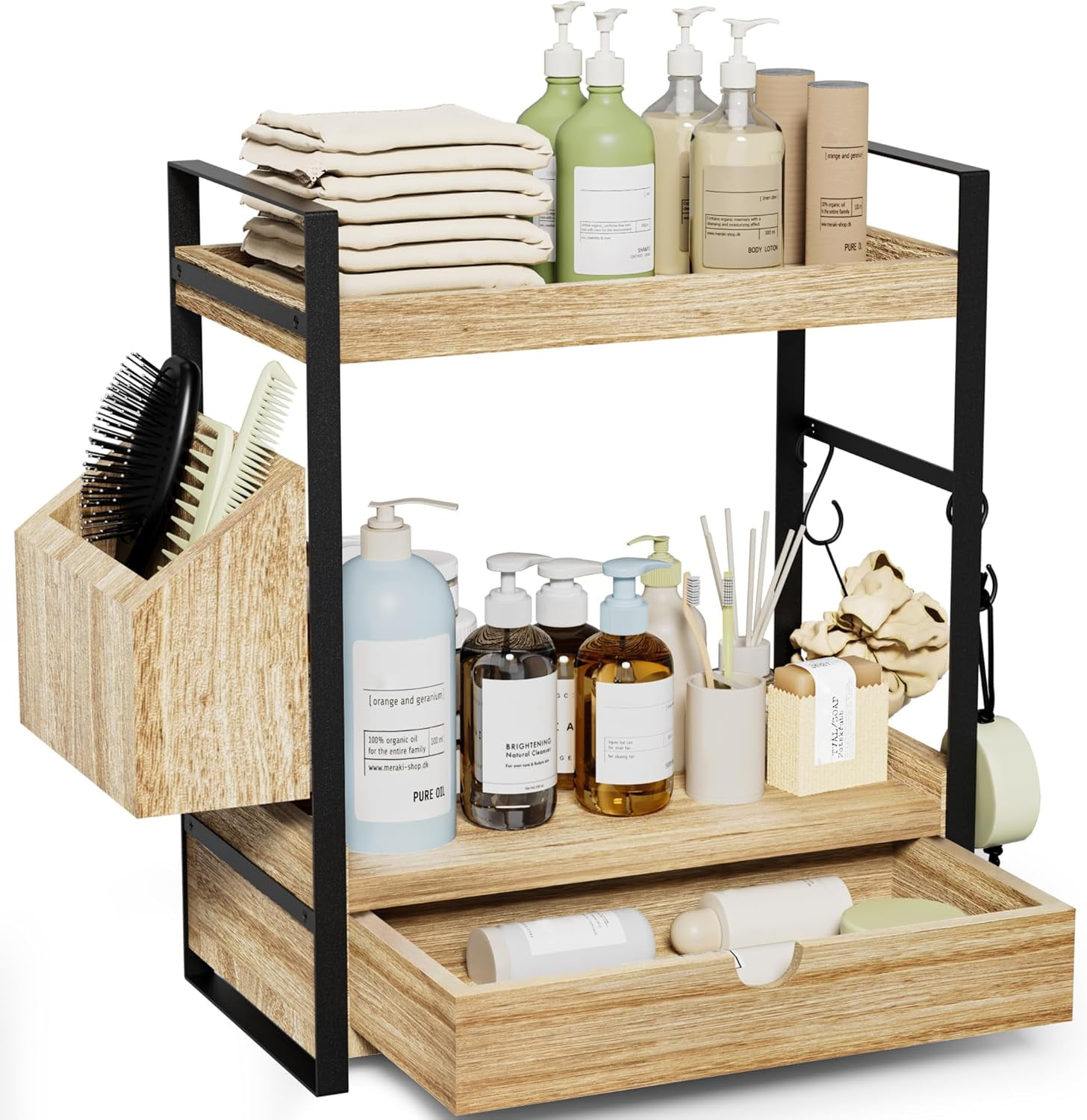 2-Tier Bathroom Counter Organizer with Drawer and Basket, Wood ...